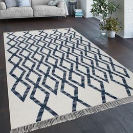 Paco Home - Teppich Wohnzimmer Boho Stil Fransen Handgewebt Woll-Baumwoll Gemisch Blau 160x230 cm