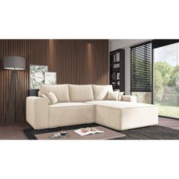 Ecksofa Lora - Ecksofa mit Schlaffunktion & Bettkasten - Ottomane rechts freistehend - Eckcouch, Sofa L-Form - Samtstoff (Beige - Amor Velvet 4323)