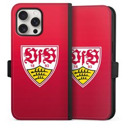 DeinDesign iPhone 15 Pro Max Handy Klapph&uuml;lle Handyh&uuml;lle aus Kunst Leder schwarz Flip Case Logo Official Licensed Product Vfb Stuttgart Sideflip mit Lasche