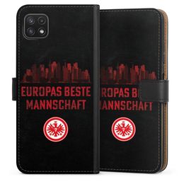 DeinDesign Galaxy A22 5G Handy Klapph&uuml;lle Handyh&uuml;lle aus Kunst Leder schwarz Flip Case Merchandise European Cup Eintracht Frankfurt Sideflip mit langer Lasche