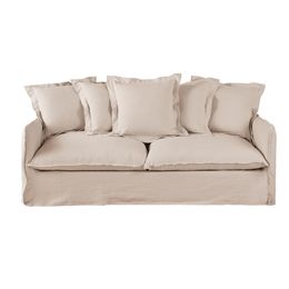 Maisons du Monde Ausziehbares 3/4-Sitzer-Sofa mit Bezug aus beigefarbenem Crinkle-Leinen, Matratze 6cm 207x86x90cm