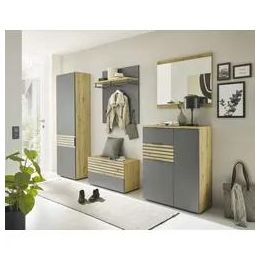 HBZ-MEBLE Garderoben-Set HBZ "5-tlg. Eiche Stripes Optik Flurgarderobe Stellmaß BxHxT 260x197x38 cm" Kastenmöbel-Sets Gr. B/H/T: 260cm x 197cm x 38cm, grau (artisan eiche/grau) Mit Schuhkommode, Hochschrank, Bank, Paneel, Spiegel