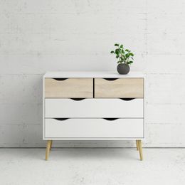 Kommode Home Affaire "Oslo, Aufbewahrung, Schubladenschrank, Stauraum" Sideboards Gr. B/H/T: 98,7 cm x 81,7 cm x 39,1 cm, 4, weiß (weiß, eichefarben) mit 4 Schubladen, Vollholzbeine, Breite 99 cm, Höhe 82 cm