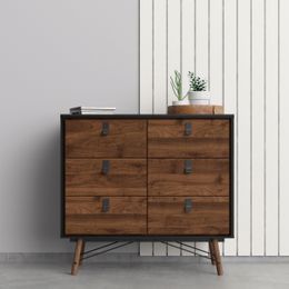 Kommode Home Affaire "Ry Aufbewahrung, Schubladenschrank, Stauraum" Sideboards Gr. B/H/T: 101,8 cm x 94,8 cm x 40,1 cm, 6, braun (schwarz matt, walnuss) mit 6 Schubladen, Massivholzbeine, Höhe 95 cm