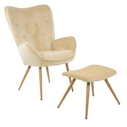 ALBATROS Ohrensessel mit Hocker YORK, Samt Bezug, bequem gepolstert, Fernsehsessel, Polstersessel, Farbe Ohrensessel:Beige