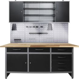 ONDIS24 Werkstatt-Set "Karsten" Werkbänke 160 cm, mit LED Touch-Lampen, inkl. Hakenset schwarz (anthrazit, grau, schwarz) Werkbänke