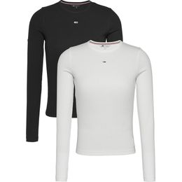 Langarmshirt Tommy Jeans "TJW 2PACK SLIM ESSENTIAL RIB LS" Gr. M (38), weiß (white, black) Damen Shirts in Rippoptik, mit Logostickerei