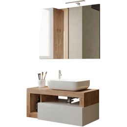 Badmöbel-Set Welltime "Hamburg, Badezimmerset 2tlg. Breite 92 cm, Badmöbel, Waschtisch inkl.", braun (weiß, eiche cadiz nb), B:92cm H:190cm T:49cm, Kastenmöbel-Sets, Waschbecken, Spiegelschrank mit LED Aufbauleuchte, Soft-Close-Funktion