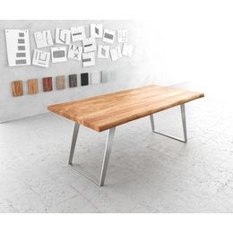 DeLife Esstisch Edge 200x100cm XL Akazie Natur Edelstahl Silber schräg Live-Edge, Esstische, Baumkantenmöbel, Massivholzmöbel, Massivholz