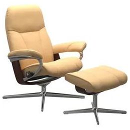 Relaxsessel stressless "Consul" Sessel Gr. Material Bezug, Material Gestell, Ausführung / Funktion, Maße, gelb mit Hocker, Cross Base, Größe S, M & L, Holzakzent Braun