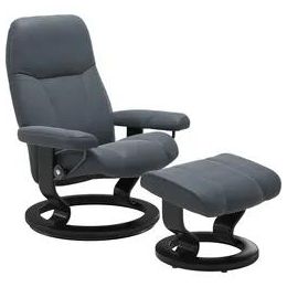 Relaxsessel stressless "Consul" Sessel Gr. Leder BATICK, Classic Base Schwarz, PlusTMSystem-Gleitsystem-Relaxfunktion-Drehfunktion-Kopfstützenverstellung-Rückteilverstellung, B/H/T: 76cm x 100cm x 71cm, blau (atlantic blue batick) mit Hocker, Classic Base, Größe M, Gestell Schwarz