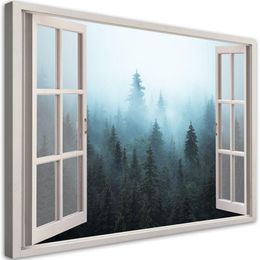 Bild auf Leinwand, Fensteransicht, Wald im Nebel, Natur - 90x60