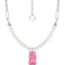 Kette mit Anhänger Thomas Sabo "THOMAS x HARIBO Schmuck: Gliedercollier Goldbär" Halsketten Gr. 45, Silber 925 (Sterlingsilber)-Perlen, weiß (silberfarben-pink-weiß) Damen mit Kristallglas - Süßwasserzuchtperle