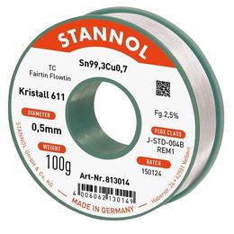 Stannol L&ouml;tzinn Kristall 611, TC, Sn99,3Cu0,7, Fairtin Flowtin, 0,5 mm, 100 g