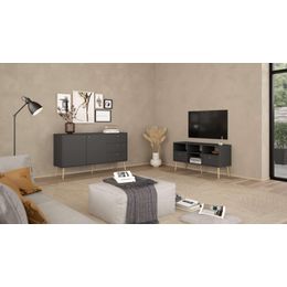 TV-Board Home Affaire "Bodo TV-Möbel, TV-Unit, Mediamöbel, Regal" Sideboards Gr. B/H/T: 117,2 cm x 60,8 cm x 39,1 cm, 2, grau (matt grau) TV-Lowboards 2 Schubladen und 4 offene Fächer, Beine Griffe aus Massivholz