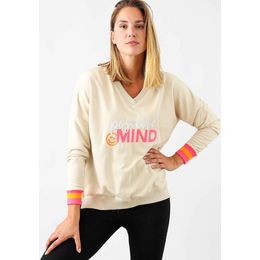 Sweatshirt Zwillingsherz Gr. S/M, beige Damen Sweatshirts mit V-Ausschnitt und Aufdruck in Neonfarben