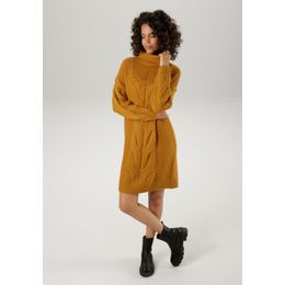 Strickkleid Aniston CASUAL Gr. 34, N-Gr, gelb (ocker) Damen Kleider Freizeitkleider mit extravagantem Zopfmuster - NEUE KOLLEKTION