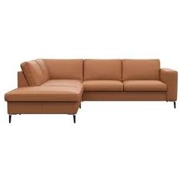 Ecksofa FLEXLUX "Fiore, L-Form" Sofas Gr. B/H/T: 241cm x 85cm x 225cm, Echtleder, Ottomane links, braun (modern cogna) breite Armlehnen, Füße Aluschwarz, BT 241225 cm, Kaltschaum im Sitz