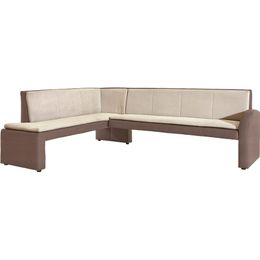 Eckbank exxpo - SOFA FASHION "Cortado, elegant und modern mit hohem Sitzkomfort" Sitzbänke Gr. B/H/T: 197 cm x 89 cm x 264 cm, Kunstleder SOFTLUX-Struktur fein, langer Schenkel (Armlehne) rechts, braun (braun, creme) hohe Bodenfreiheit, schöne Detailverarbeitung, wahlweise Lederbezug