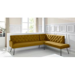 Eckbank exxpo - SOFA FASHION "Doppio, Chesterfield Optik, komfortabel und bequem, hohe Designfüße" Sitzbänke Gr. B/H/T: 197 cm x 90 cm x 255 cm, Samtvelours, langer Schenkel links, goldfarben (antic gold) Frei im Raum stellbar