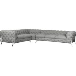 Chesterfield-Sofa LEONIQUE "Amaury L-Form", silber, B:323cm H:75cm T:264cm, Struktur (100% Polyester);Samtoptik (100% Polyester), Sofas, großes Ecksofa, Chesterfield-Optik, Breite 323 cm, Fußfarbe wählbar