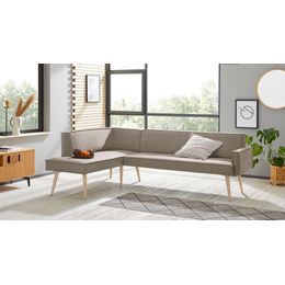 Eckbank exxpo - SOFA FASHION "Lungo, moderne Kedernaht, bequem und elegant, hoher Holzfuß" Sitzbänke Gr. B/H/T: 158 cm x 84 cm x 239 cm, Webstoff, langer Schenkel rechts, grau (melange) hochwertige Detailverarbeitung, frei im Raum stellbar