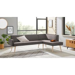 Eckbank exxpo - SOFA FASHION "Lungo, moderne Kedernaht, bequem und elegant, hoher Holzfuß" Sitzbänke Gr. B/H/T: 158 cm x 84 cm x 239 cm, Webstoff, langer Schenkel links, grau (grey melange) hochwertige Detailverarbeitung, frei im Raum stellbar