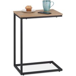 Relaxdays - Beistelltisch in C-Form, hbt 60 x 30 x 45 cm, Sesseltisch zum Unterschieben, Metall & Holzoptik, schwarz/braun