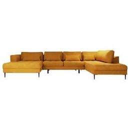 Wohnlandschaft Trendmanufaktur "Luzi, gemütliches Sofa mit extra viel Platz, U-Form, viele Kissen" Sofas Gr. B/H/T: 361cm x 80cm x 203cm, Samtvelours ELISA, Recamiere links-Ottomane rechts, orange (golden orange) Designsofa mit tollem Sitzkomfort, Metallfüße schwarz, Breite 361 cm