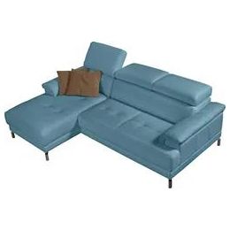 Ecksofa Egoitaliano "Soul, Design und Sitzkomfort auf hohem Niveau, tolle Details, L-Form" Sofas Gr. B/H/T: 250cm x 99cm x 166cm, Leder BULL, Recamiere links, mit Kopfteilverstellung, blau (türkis) mit Recamiere, inkl. Kopfteilverstellung