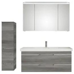 Badmöbel-Set SAPHIR "Balto Sprint 3-teilig, Mineralmarmor-Waschtisch mit LED-Spiegelschrank" Kastenmöbel-Sets Gr. B/H/T: 153 cm x 200 cm x 50,8 cm, 1 Mineralmarmor-Waschtisch weiß-1 Waschtischunterschrank mit 2 Auszügen-1 Spiegelschrank mit 2 Drehtüren-1 LED-Lichtkranz-1 Midischrank mit 1 Drehtür, 2 Auszügen, grau (graphit struktur quer nachbildung) Badezimmer Set mit Midischrank inkl Türdämpfer, 