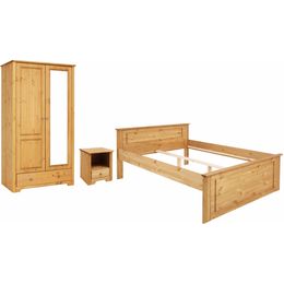 Schlafzimmer-Set Home Affaire "Hugo" Schlafzimmermöbel-Sets Gr. B/H: 140 cm x 200 cm, beige (natur geölt) Bett 140x200cm, 2-trg Kleiderschrank und 1 Nachttisch