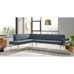 Eckbank exxpo - SOFA FASHION "Lungo, moderne Kedernaht, bequem und elegant, hoher Holzfuß" Sitzbänke Gr. B/H/T: 198 cm x 84 cm x 260 cm, Veloursstoff, langer Schenkel rechts, grau (anthrazit) hochwertige Detailverarbeitung, frei im Raum stellbar