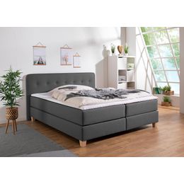 Boxspringbett Home Affaire "Fargo", grau (anthrazit), B:213cm L:207cm, Struktur fein (100% Polyester);Samtstoff (100% Polyester), Komplettbetten, inkl. Topper, in 3 Matratzenarten, in Samt- oder Strukturstoff