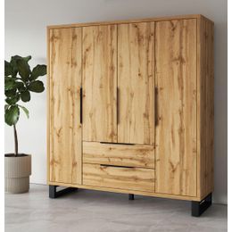 Drehtürenschrank Home Affaire "Bronne,Breite 191 cm, Wäscheschrank inclusive Innenausstattung" Schränke Gr. B/H/T: 191 cm x 210 cm x 60 cm, 4 St., Komplettausführung, braun (wotan eiche) Kleiderschrank, 2 Schubkästen, Metallgriffe, Garderobe