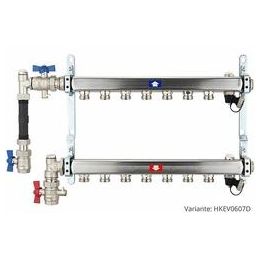 HEIMA-PRESS Heizkörperverteiler aus Edelstahl für 7 Heizkreise - mit WMZ-Anschlussset 110 mm senkrecht