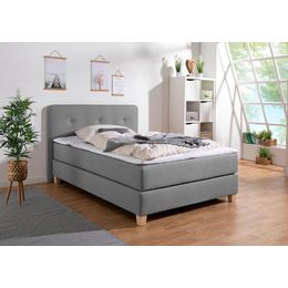 Boxspringbett Home Affaire "Fargo", grau (hellgrau), B:133cm L:207cm, Struktur fein (100% Polyester);Samtstoff (100% Polyester), Komplettbetten, inkl. Topper, in 3 Matratzenarten, in Samt- oder Strukturstoff