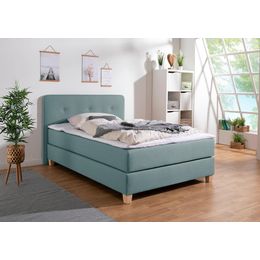 Boxspringbett Home Affaire "Fargo", blau (petrol), B:133cm L:207cm, Struktur fein (100% Polyester);Samtstoff (100% Polyester), Komplettbetten, inkl. Topper, in 3 Matratzenarten, in Samt- oder Strukturstoff