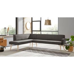 Eckbank exxpo - SOFA FASHION "Lungo, moderne Kedernaht, bequem und elegant, hoher Holzfuß" Sitzbänke Gr. B/H/T: 198 cm x 84 cm x 260 cm, Webstoff, langer Schenkel rechts, grau (grey melange) hochwertige Detailverarbeitung, frei im Raum stellbar