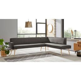 Eckbank exxpo - SOFA FASHION "Lungo, moderne Kedernaht, bequem und elegant, hoher Holzfuß" Sitzbänke Gr. B/H/T: 198cm x 84cm x 260cm, Webstoff, langer Schenkel links, grau (grey melange) hochwertige Detailverarbeitung, frei im Raum stellbar