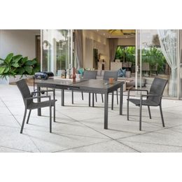 Garten-Essgruppe Destiny "COSTA IMOLA" Sitzmöbel-Sets Gr. Synchron-Auszug, Tischplatte ausziehbar, grau (anthrazit) 4 Stapelsessel Textilene, 1 Ausziehtisch 165215x100 cm