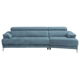 Ecksofa Egoitaliano "Soul, extravagantes Designsofa, Megasofa, super bequem, tolle Details" Sofas Gr. B/H/T: 246cm x 99cm x 140cm, Luxus-Microfaser Lederoptik, Recamiere rechts, blau (hellblau) mit Trapez-Abschlußelement, inkl verstellbarer Kopfteile