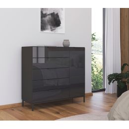 Kommode Rauch "Flipp" Sideboards Gr. B/H/T: 120 cm x 110 cm x 42 cm, 5 St., grau (graphit, glas basalt) 1-türig, 5 Schubladen, Soft-Close-Funktion, Oberboden und Front Glas