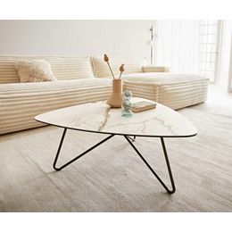 DeLife Couchtisch Ekrem 88x85 cm Keramik Calacatta Luxe Weiß-Gold-Grau Hairpin rund Metall Effektfinish Titan, Couchtische