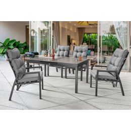 Garten-Essgruppe Destiny "GARDA IMOLA" Sitzmöbel-Sets Gr. Polyester, Synchron-Auszug, Rückenlehne stufenlos verstellbar-Tischplatte ausziehbar, grau (anthrazit) 4 Hochlehner inkl. Auflagen, 1 Ausziehtisch 165215x100 cm