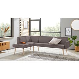 Eckbank exxpo - SOFA FASHION "Lungo, moderne Kedernaht, bequem und elegant, hoher Holzfuß" Sitzbänke Gr. B/H/T: 158cm x 84cm x 239cm, Veloursstoff, langer Schenkel rechts, grau (taupe) hochwertige Detailverarbeitung, frei im Raum stellbar