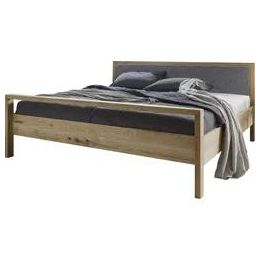 Massivholzbett Home Affaire "Huven", beige (natur, grau mit holzrahmen, natur), B:205cm H:90cm L:208cm, Betten, mit gepolstertem Kopfteil, aus massiver Eiche