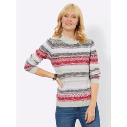 WITT Damen Stehkragenpullover mit Ringel-Muster, hellgrau-rot-gemustert, Größe 36