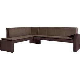 Eckbank exxpo - SOFA FASHION "Cortado, elegant und modern mit hohem Sitzkomfort" Sitzbänke Gr. B/H/T: 197 cm x 89 cm x 264 cm, Kunstleder SOFTLUX-Struktur fein, langer Schenkel (Armlehne) rechts, braun (braun, braun) hohe Bodenfreiheit, schöne Detailverarbeitung, wahlweise Lederbezug