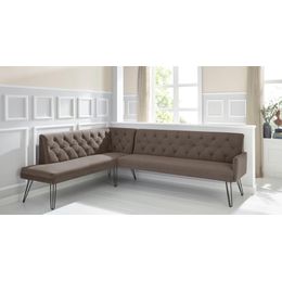 Eckbank exxpo - SOFA FASHION "Doppio, Chesterfield Optik, komfortabel und bequem, hohe Designfüße" Sitzbänke Gr. B/H/T: 197 cm x 90 cm x 255 cm, Samtvelours, langer Schenkel rechts, grau (taupe) Frei im Raum stellbar